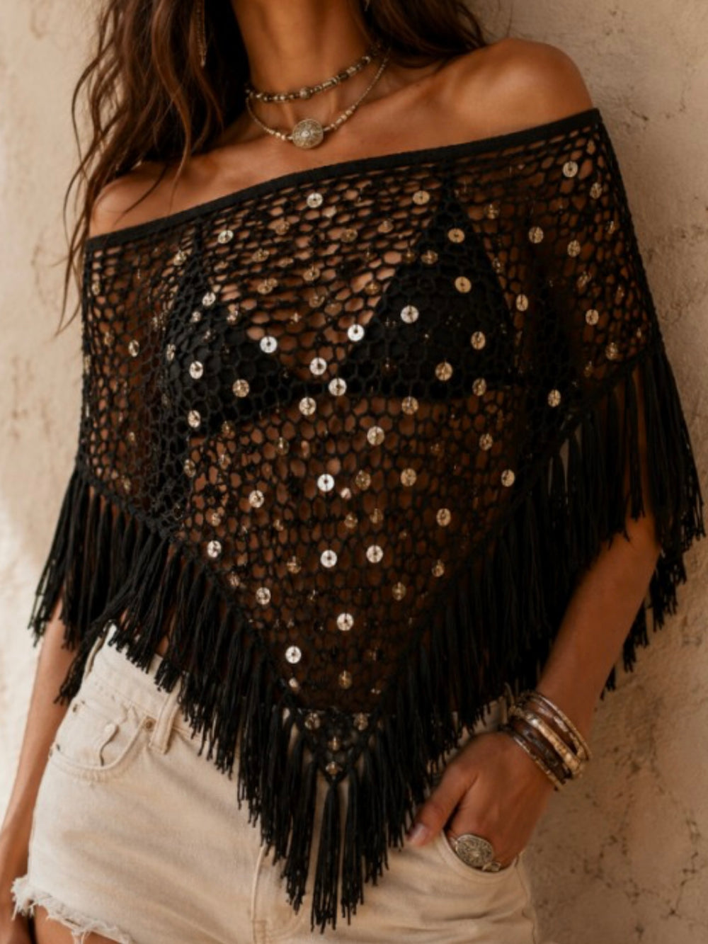 Sequin Fringe Crochet Beach Cover-Up Poncho – Ah Là Laà Lifestyle Boutique